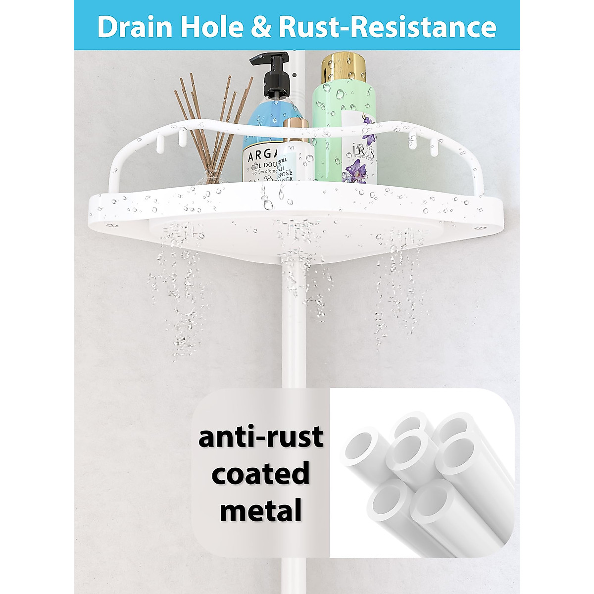 MIYA Adjustable Shower Caddy Corner Tension Pole, 4.5-9.5 FT Standing Corner Shower Organizer, 4-Tier Bathroom Storage Shelf for Inside Shower, Rustproof White Bathtub Caddies with Hooks, Drill Free