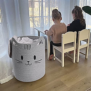 INDRESSME Laundry Basket, Cute Cat Basket with Handles, Tall Woven Basket, Baby Hamper for Nursery, Blanket Basket for Living Room, Storage Basket for Toys, Dirty Clothes, 16"L x 20"H, Grey
