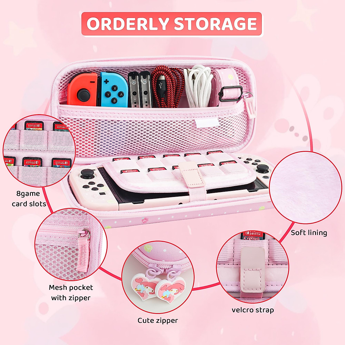 RHOTALL Cute Bunny Carrying Case for Nintendo Switch, Pink Potable Travel Case Accessories Bundle for Switch with Protective Shell, Shoulder Strap, Game Card Case, Screen Protector and 2 Thumb Caps