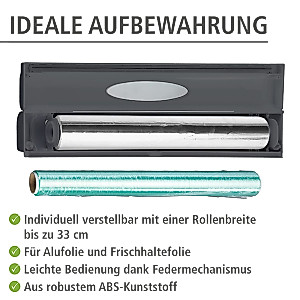 WENKO Plastic, Cling Film Holder, Refillable Aluminum Foil Wrap Dispenser with Slide Cutter for Kitchen Organization, 95% Platic, 5% Stainless Steel, 14.96 x 2.05 x 2.64 inch, Grey