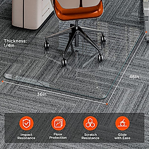 Office Chair Mat for Carpet, 46"X36" Glass Chair Mats for Carpeted or Hard Floors, 1/4'' Thick Clear Tempered Glass Desk Chair Mat for Home/Office Floor, Effortless Rolling, and Easy Clean