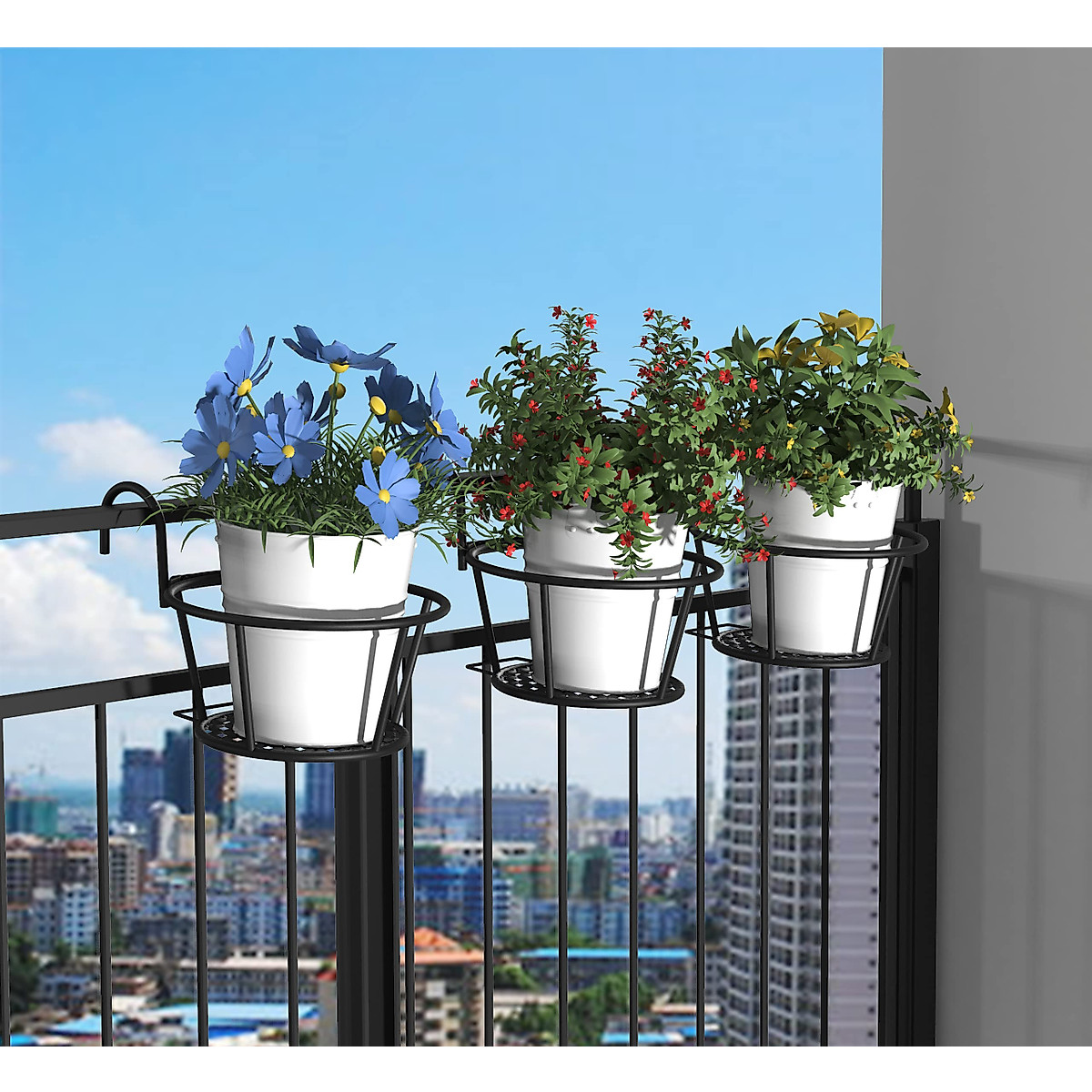 ORZ Railing Planter, Set of 3 Deck Flower Pot Holder Hanging Plant Flower Container for Outdoor Balcony Patio Fence, 6.5 inch Black