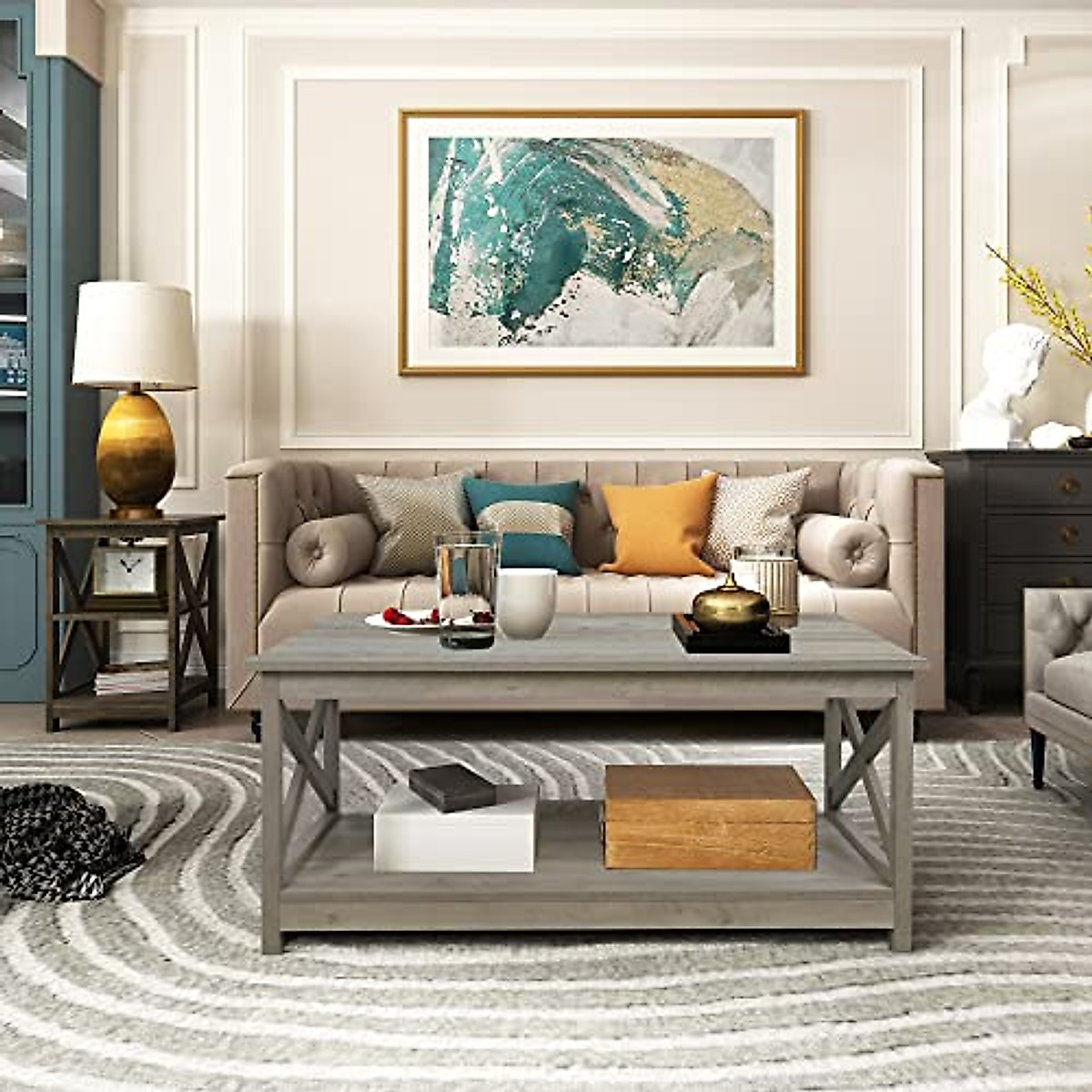 Rainbow Sophia Coffee Table, Modern Farmhouse Wood Coffee Table with 2-Tier Storage, 40 Inch, Washed Oak