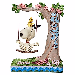 Enesco Jim Shore Peanuts Snoopy and Woodstock on Swing 8 Inch Tall Figurine 6011961, Multicolor