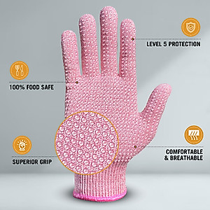 Evridwear 2 Colors 2 Pairs Combo Level 5 Cut Resistant Gloves with Strong Silicone Grip Dots Kitchen Meat cutting Fish Fillet Shucking and Mandolin Slicing Free E-book(M, Pink+Gray)