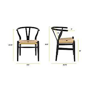 Poly and Bark Weave Modern Wooden Mid-Century Dining Chair, Hemp Seat, Black (Set of 2)