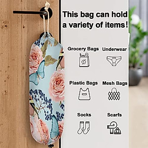 Flowers Large Grocery Bag Holder, Plants Butterfly Bird Plastic Bag Organizer with Hanging Loop Washable Grocery Bag Storage Dispenser for Home Kitchen Office Travelling Pantry Decor
