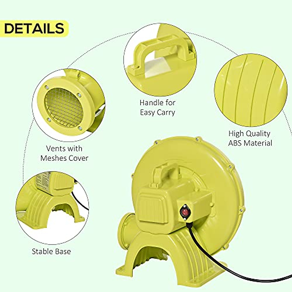 Outsunny Electric Air Blower 450-Watt Fan Blower Compact and Energy Efficient Pump Indoor Outdoor for Inflatable Bounce House, Bouncy Castle and Pneumatic Swimming Pool, Yellow