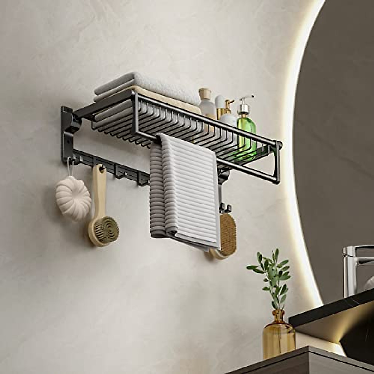 VOLPONE Towel Rack for Bathroom Towel Storage Wall Mounted Foldable Towel Shelf with Towel Bar Hooks No Assembly Required 24-Inch Black