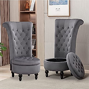 Icoget Gothic Queen of Throne Chair, 2 PCS Velvet High Back Chair w/Button-Tufted Upholstered Design, Royal Retro Armless Accent Chair w/Rubberwood Legs and Storage Space for Living Room, Grey