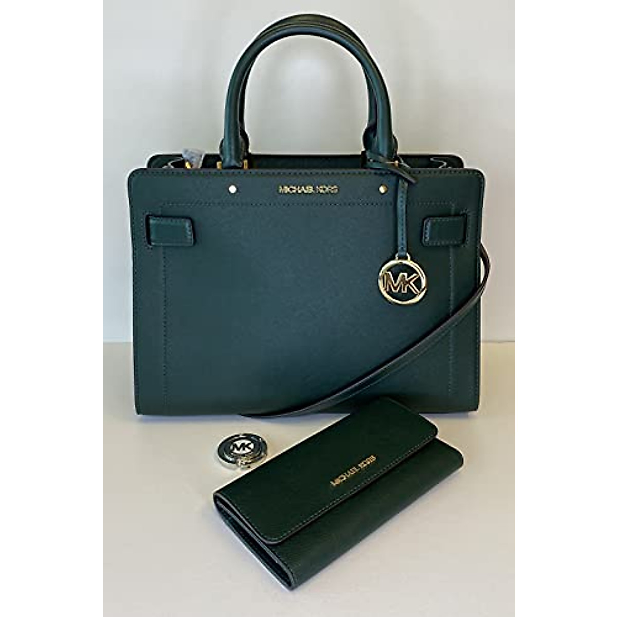 Michael Kors MICHAEL Michael Kors Rayne MD EW Satchel bundled with Trifold Wallet Purse Hook (Racing Green)