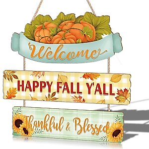 TOARTi Welcome Front Door Hanging Sign, Thankful & Blessed Pumpkin Fall Wood Plaque, Happy Fall Yall Wall Hanging for Home Wall Porch Farmhouse Harvest Thanksgiving Party Decor