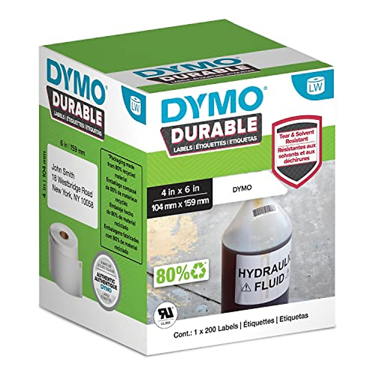 DYMO LW Durable Industrial Labels for LabelWriter 4XL Label Printers, White Poly, 4-1/16” x 6-1/4”, Roll of 200 (1933086)