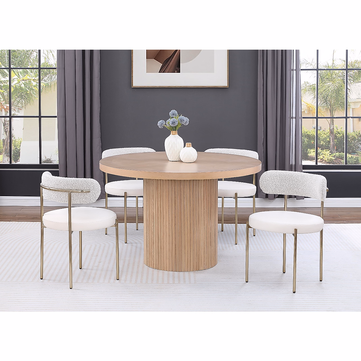 Meridian Furniture 728Oak-T Belinda Collection Mid-Century Modern Dining Table, Solid Wood Base, Natural Finish Oak Wood Veneer MDF Top, Round Top, Fluted Base, 48" W x 48" D x 31" H, Oak