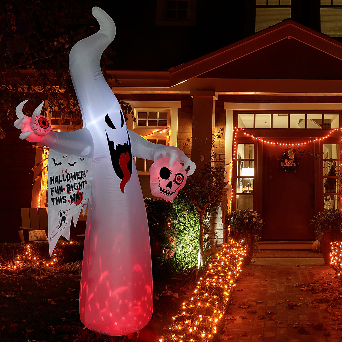 Halloween Inflatable Decorations Outdoor, Halloween Blow Up Inflatable for Halloween Yard, Garden, Lawn Decorations, Towering Spooky Ghost with Heart in Hand, Build-in LEDs