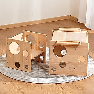 Woodtoe Montessori Weaning Table and Chair Set, Toddler Table and Chair Set, Natural Solid Wooden Kids Table Cube Chair for Boys and Girls, Montessori Furniture Birthday Gift for Children