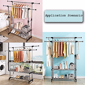 RUYICZB 3 Layer Floor Clothes Drying Rack Metal Drying Double Pole Clothes Rack, Large Expandable Stainless Steel Laundry Clothes Drying Rack with Wheel Easy Assembly Indoor Outdoor Use