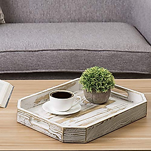 MyGift Shabby White Washed Solid Wood Large Serving Breakfast Tray with Cut-out Handles and Angled Edges, Decorative Ottoman Coffee Table Server Tray Platter, 16 x 12 inch