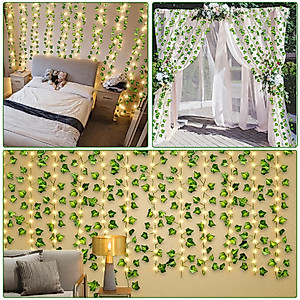 [ Timer ] Fake Ivy Vines 12 Pack 84Ft with 100 LED Vines with Lights Large & Small Thick Leaves String Lights Hanging Ivy Vines Lights for Bedroom Gardens Wedding Wall Room Decor
