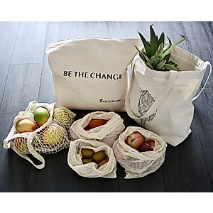 Organic Cotton Grocery Bag Value Bundle: Durable Washable Canvas Totes, Mesh Bags w/tare weight labels- 6pcs