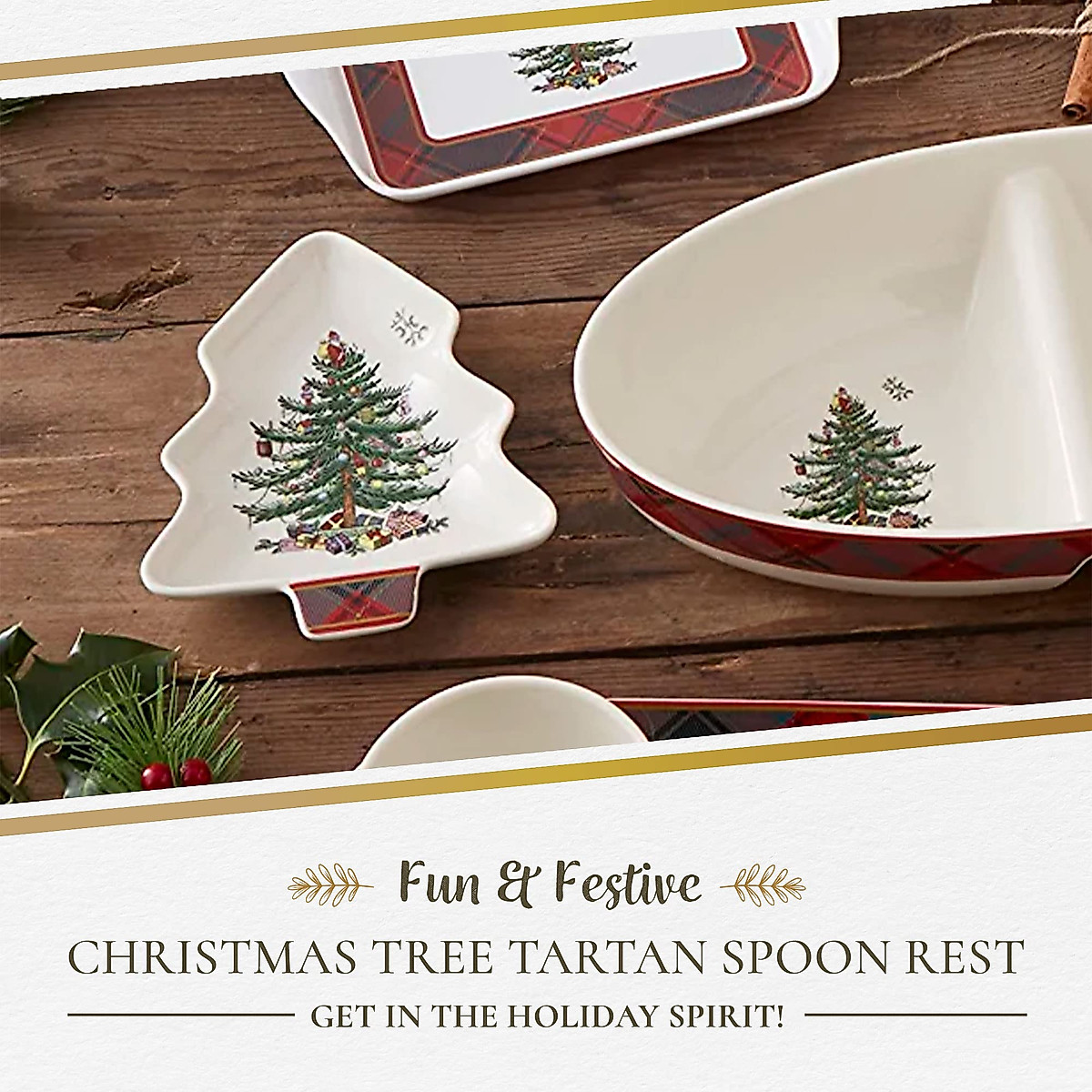 Spode Christmas Tree Tartan Spoon Rest | 7 – Inch Tree Shaped Cooking Utensil Rest | Spatula Ladle Holder for Kitchen Countertop | Made of Fine Porcelain Dishwasher Safe