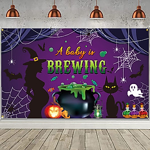 PTFNY Halloween A Baby is Brewing Backdrop Banner Halloween Baby Shower Decorations for Baby Shower Costume Birthday Party Supplies Decorations Banner Photo Booth Props Gender Reveal Party Supplies
