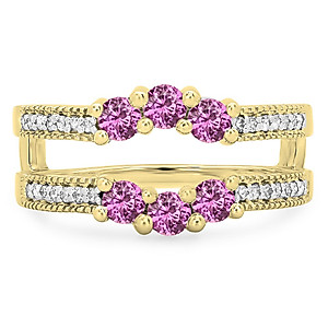 Dazzlingrock Collection 14K Pink Sapphire & White Diamond Wedding Band 3 Stone Enhancer Guard Ring, Yellow Gold, Size 6