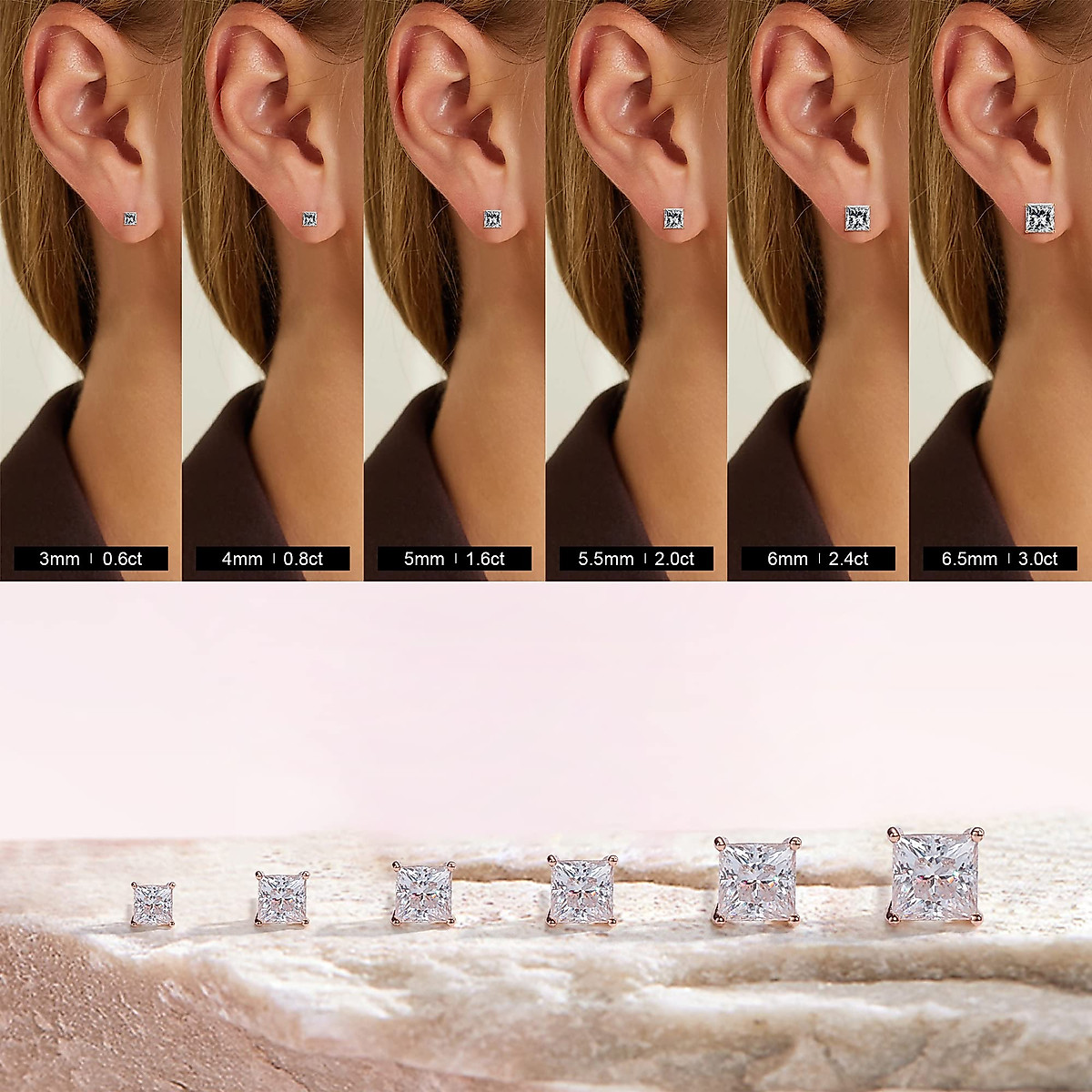 SMILEST 3ct Rose Gold Moissanite Earrings for Women, D Color VVS1 Clarity Lab Grown Princess Moissanite Stud Earrings 18K Rose Gold Vermeil 925 Sterling Silver Moissanite Diamond Earrings for Women