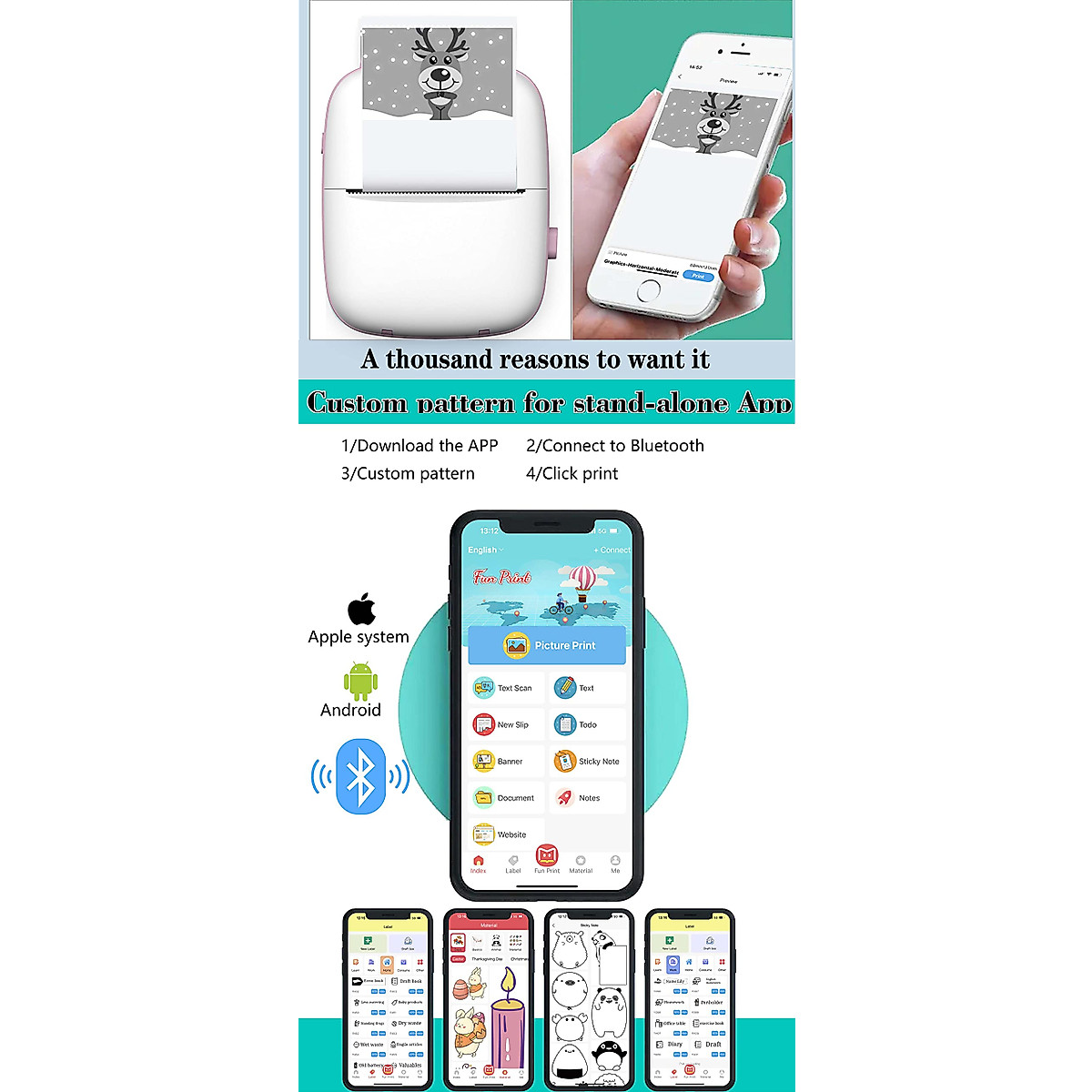 Heaunzy Label Maker Machine with Tape,Mini inkless Photo Printer,Sticker Printer,Multi-Function Match with 5 Rolls of Common Paper,Thermal Bluetooth Label Printer for Small Business,Portable Printer.