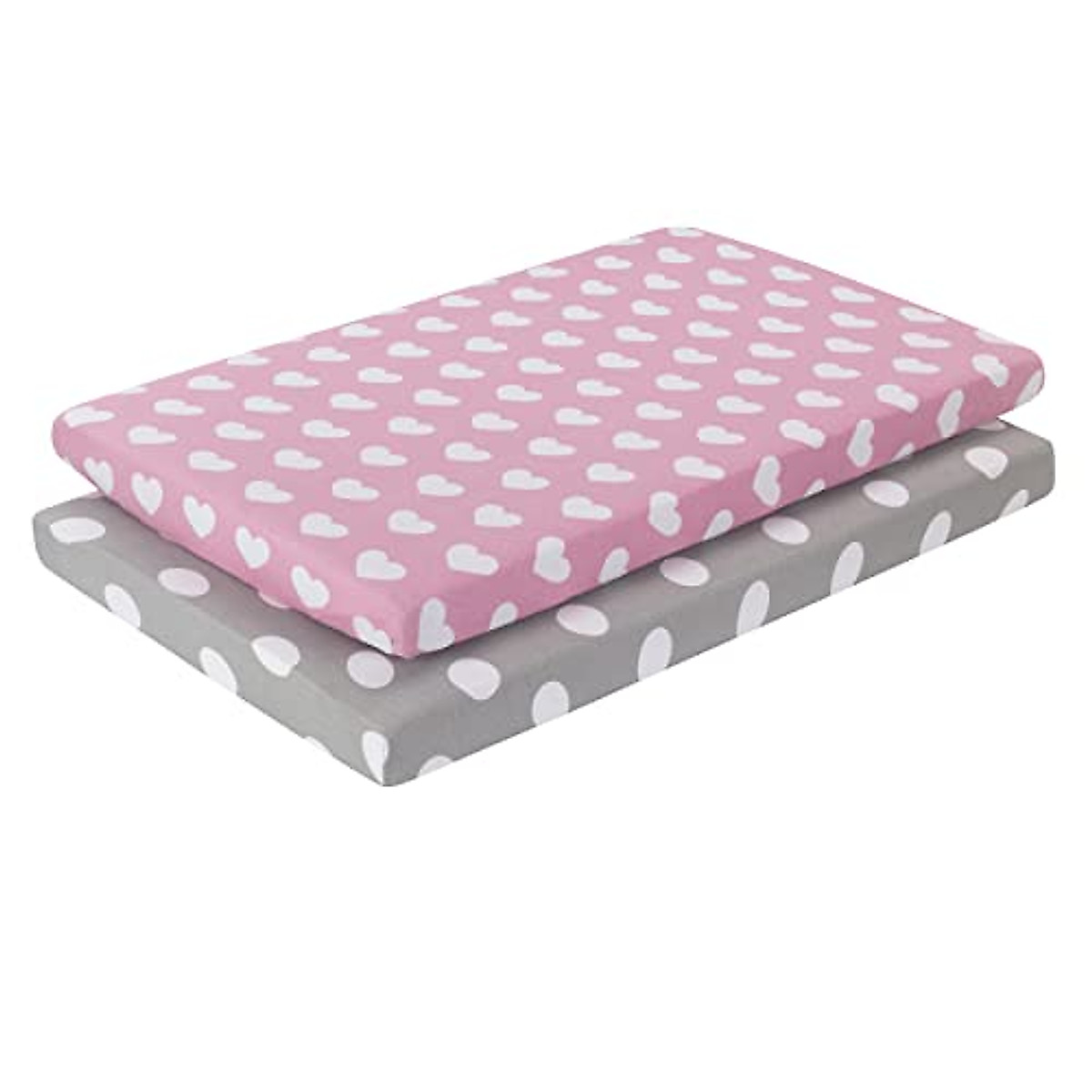 2 Pack n Play Mattress Sheets – 100% Jersey Knit Cotton Soft Portable Crib Mattress Sheets for Girls with Pink Heart and Gray Polka Dot Design; 2 Pc Playpen Mattress or Mini Crib Sheet Fitted Set