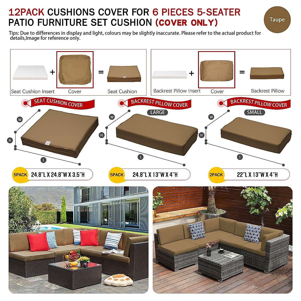 ClawsCover 12Pack Outdoor Seat and Back Cushions Replacement Covers Fit for 6Pieces 5-Seater Wicker Rattan Patio Furniture Conversation Set Sectional Couch Chairs,Taupe-Include Cover Only