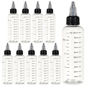 BENECREAT 10PCS 100ml/3.38 oz Transparent Plastic Squeeze Bottles with Scale and Black Twist Cap Graduated Squeeze Dispensing Bottles for Ink Liquid, Oils, Gels, Glue