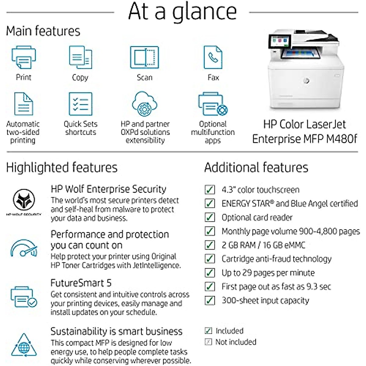HP Laserjet Enterprise MFP M480f All-in-One Wired Color Laser Printer, White - Print Scan Copy Fax - 4.3" Touchscreen, 29 ppm, Auto Duplex Printing, 50-Sheet ADF, Ethernet, Cbmou External Webcam