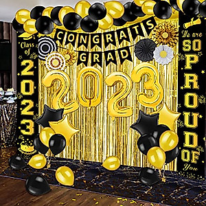 Class of 2023 Graduation Decorations, Black Gold Graduation Party Decor Kits, Banner, Balloons, Large Congrats Grad Party Supplies, Congrats Grad Decorations For Senior High School College Photo Prop