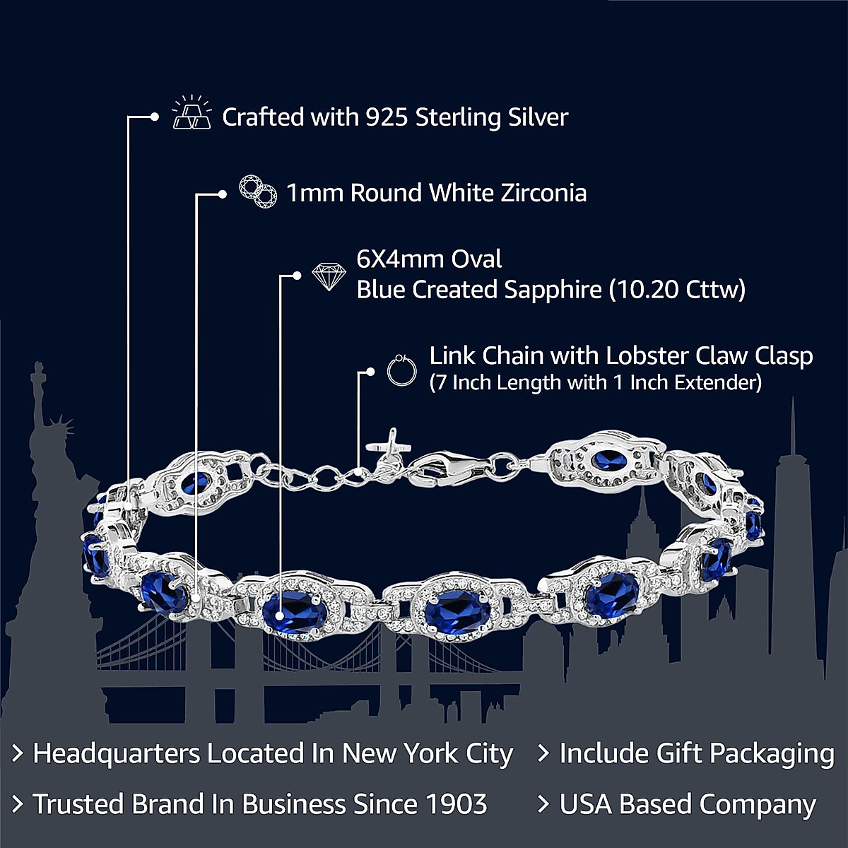 Gem Stone King 925 Sterling Silver Blue Created Sapphire Tennis Bracelet For Women (10.20 Cttw, Oval 6X4MM, 7 Inch With 1 Inch Extender)