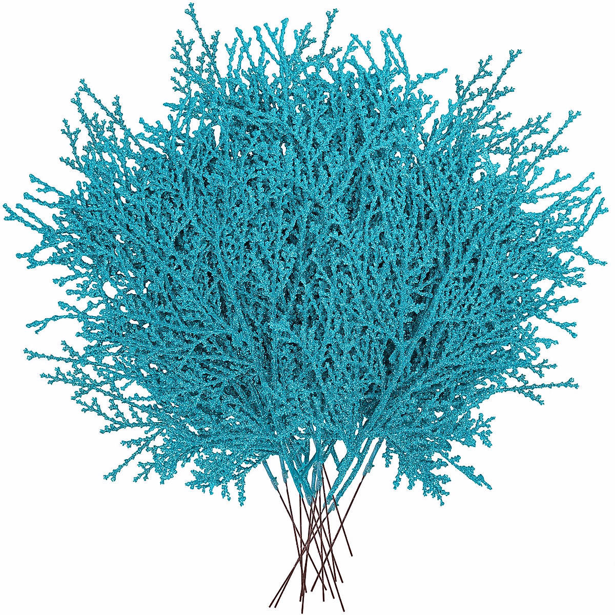 Winlyn 15 Pcs Teal Glitter Artificial Cedar Picks Sprays Christmas Floral Picks Faux Cedar Branches Stems Teal Christmas Tree Picks 15.4" H for Floral Arrangement Wreath Swag Winter Centerpiece