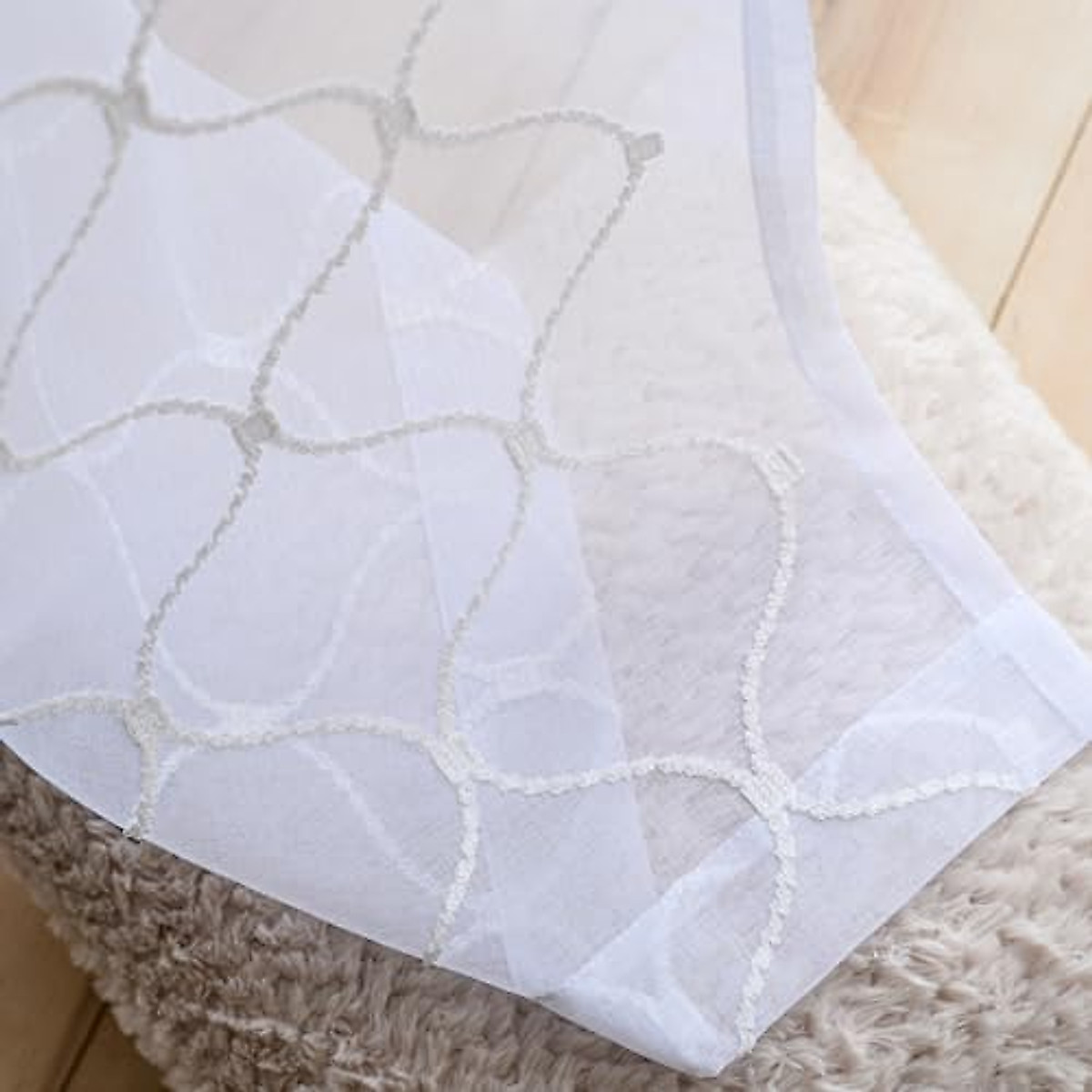 Embroidered Wave Diamond Sheer Curtains White 95 Inches, Window Treatments Rod Pocket Drapes for Living room, Bedroom, Semi Voile Curtain Panels for Yard, Patio, Villa, Parlor, Set of 2, 52"x95".