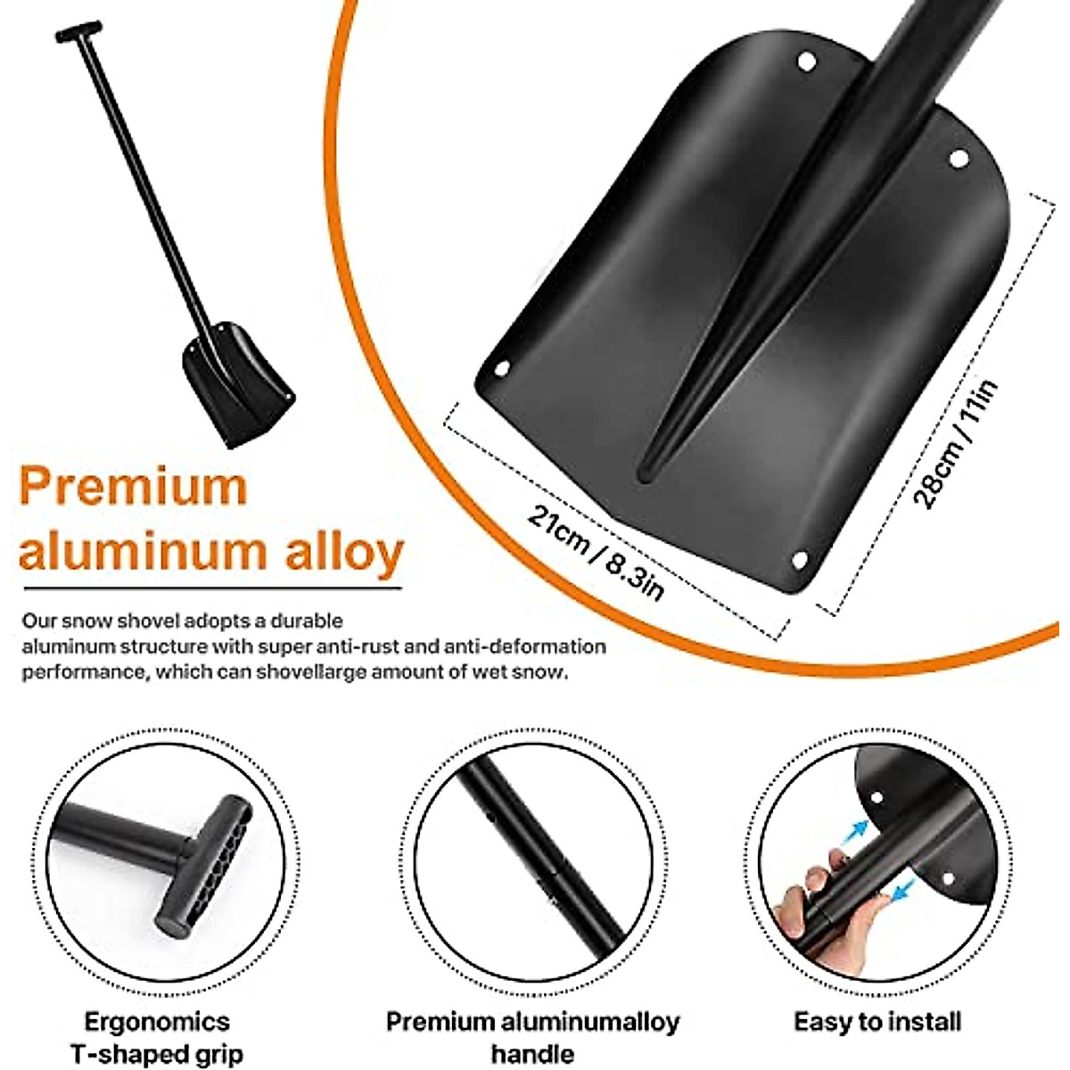 3 in 1 Folding Snow Shovel Aluminum Alloy, Emergency Snow Shovel for Car Driveway, Lightweight Portable Sport Utility Shovel for Snow Removal, Suitable for Travel, Car, Camping, Garden, Beach