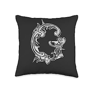 Home Accessories and custom Wedding Gifts Letter G Initial Baroque Gothic Floral Typography Throw Pillow, 16x16, Multicolor