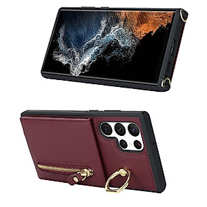 Jaorty for Samsung Galaxy S22 Ultra 5G Phone Case for Women with Card Holder,Galaxy S22 Ultra Case Wallet Crossbody Lanyard with Strap,Credit Card Slots Kickstand Case with Ring Holder,6.8",Burgundy