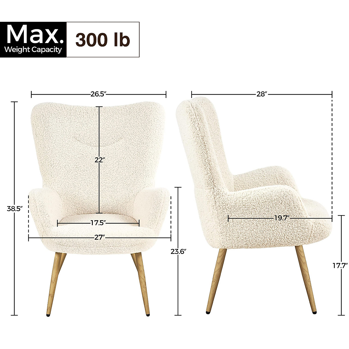 Topeakmart Accent Chair, Mid-Century Modern Boucle Upholstery Chair with Wood-Tone Metal Legs and Folding Backrest for Living Room Bedroom Waiting Room, Ivory
