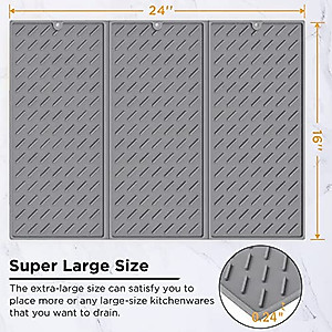 SOSMAR Silicone Drying Mat, 24” x 16”, Dish Drying Mat, Trifold Large Dish Drainer Mat for Kitchen Counter, Heat Resistant Hot Pot Holder, Non-Slip Silicone Sink Mat, BPA Free, Dish Washer Safe, Gray