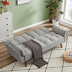 Sofa Bed with Wood Base, Modern Convertible Futon Sleeper Couch Daybed with Adjustable Backrest for Studio, Apartment, Office, Small Space, Compact Living Room Recliners (Grey)