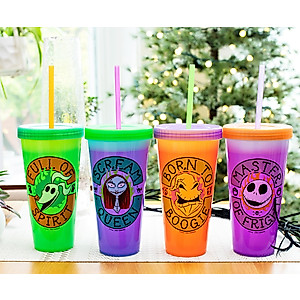 Disney The Nightmare Before Christmas Townsfolk Color-Changing Plastic Tumbler Cups, Set of 4 | Include Reusable Straw and Leak-Resistant Lid