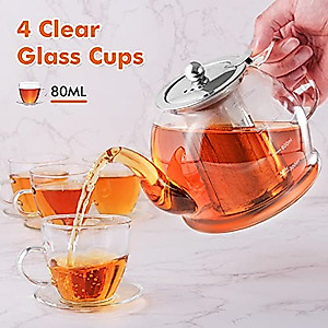 MINO ANT Tea Set – 1200ml Glass Teapot with Removable Stainless Steel Infuser, and 4 Glass Teacups, Stovetop Safe Tea Kettle Gift Set, Blooming and Loose Leaf Tea Maker Set