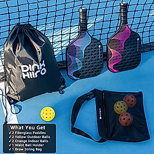 Dinkhiiro Carbon Fiber Pickleball Paddles Set of 2 with Balls, Racket Bag, Waist Ball Holder | Pickle-Ball Equipment of Lightweight Racquets and USAPA Standard Balls | Gifts for Women, Men