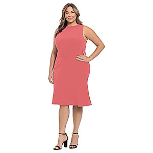 London Times Women's Plus Size Sleeveless Fluted Sheath with Belt, Dubarry Coral
