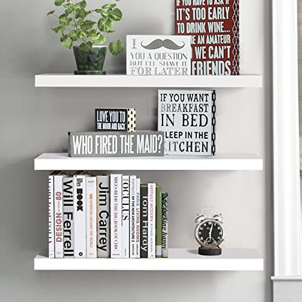 VOGGV White Floating Shelf, Wall Mounted Shelves with Invisible Brackets, Wall Shelves for Bathroom, Bedroom, Office, Living Room, Kitchen, Shelves for Wall Decor Storage, Set of 3