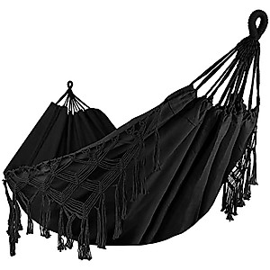 Bellzacasa Double Hammock, Heavy Duty 500 lb Load Capacity Tassels and Fishtail Knitting with Mounting Straps for Outdoor Camping Patio Balcony Black
