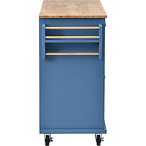 P PURLOVE Kitchen Island Cart with Solid Wood Desktop and Storage Cabinet, Rolling Mobile Kitchen Island Cart with Adjustable Shelves, Spice Rack, Towel Rack, 5 Drawers and Lockable Casters, Blue